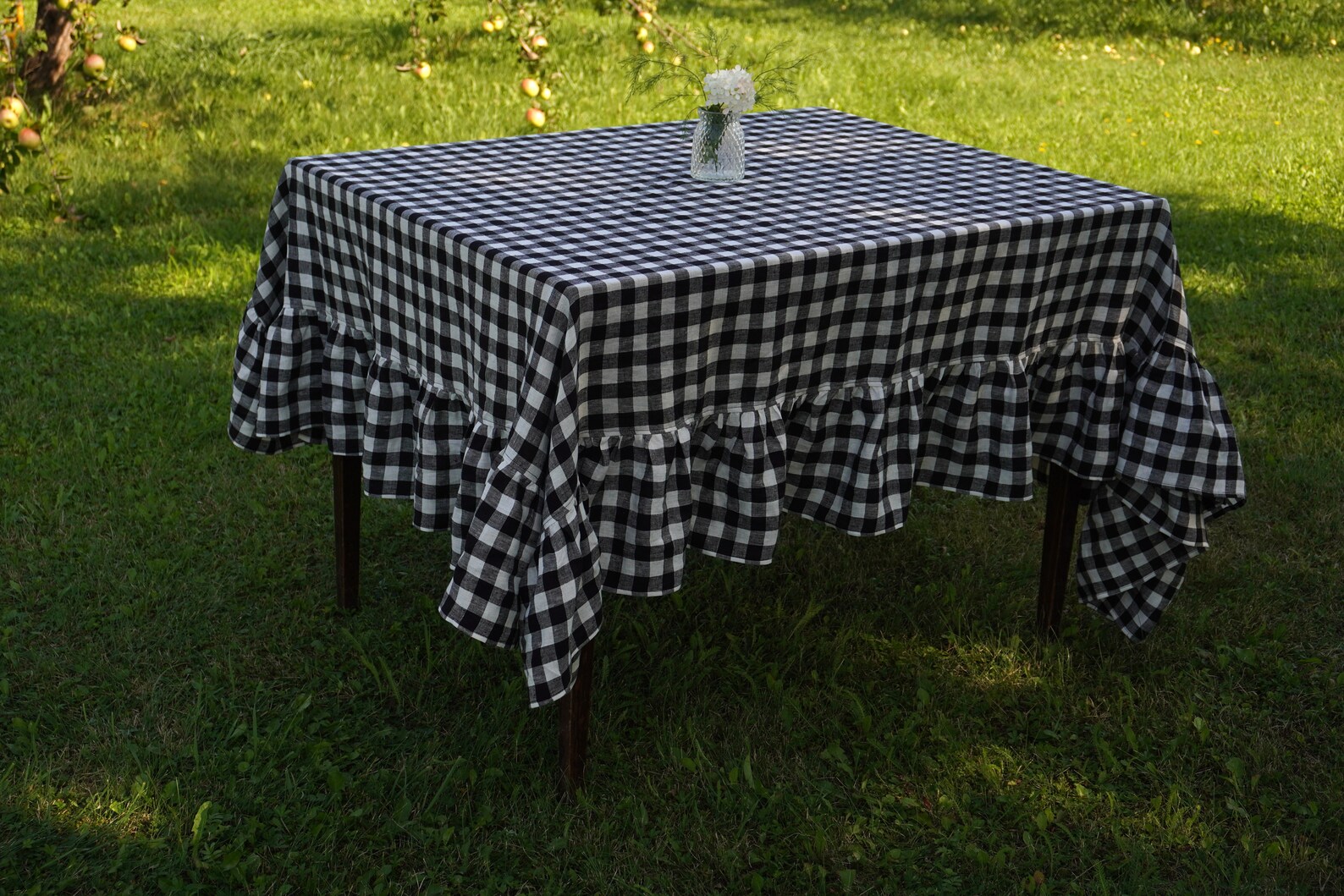 Natural Linen Gingham Ruffle Tablecloth. Farmhouse Linen Tablecloth ...