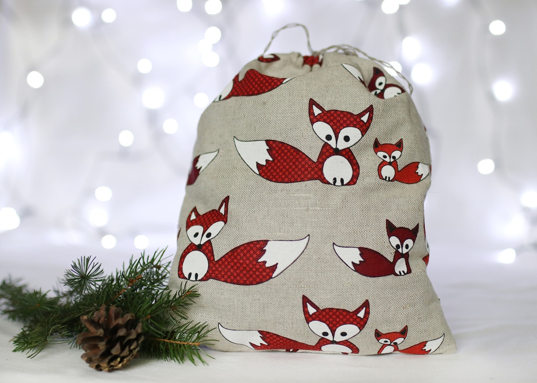 Drawstring Fox Bag: Christmas Gift Bag, Linen Fox Bag, Holiday Gift Bag ...