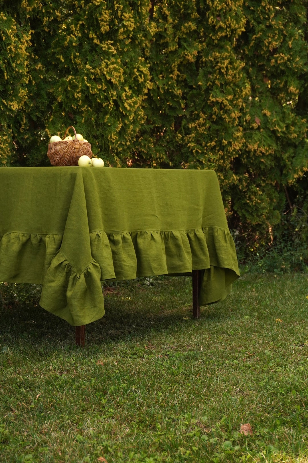 Olive Green Linen Tablecloth With Ruffle. Farmhouse Linen Tablecloth ...