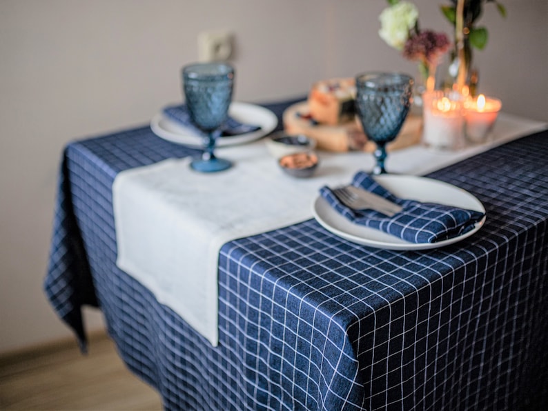 Plaid Navy Blue Linen Table Cloth Blue Grid Wedding Table | Etsy