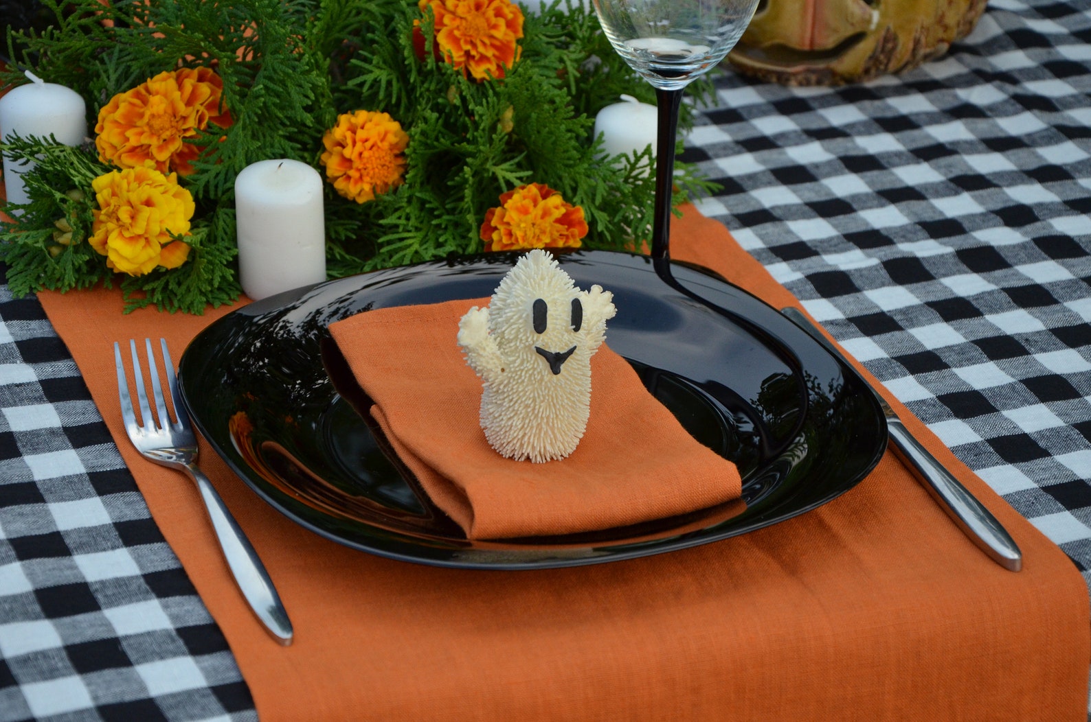 Black/white Check Linen Table Napkin, Checkered Halloween Home Decor ...