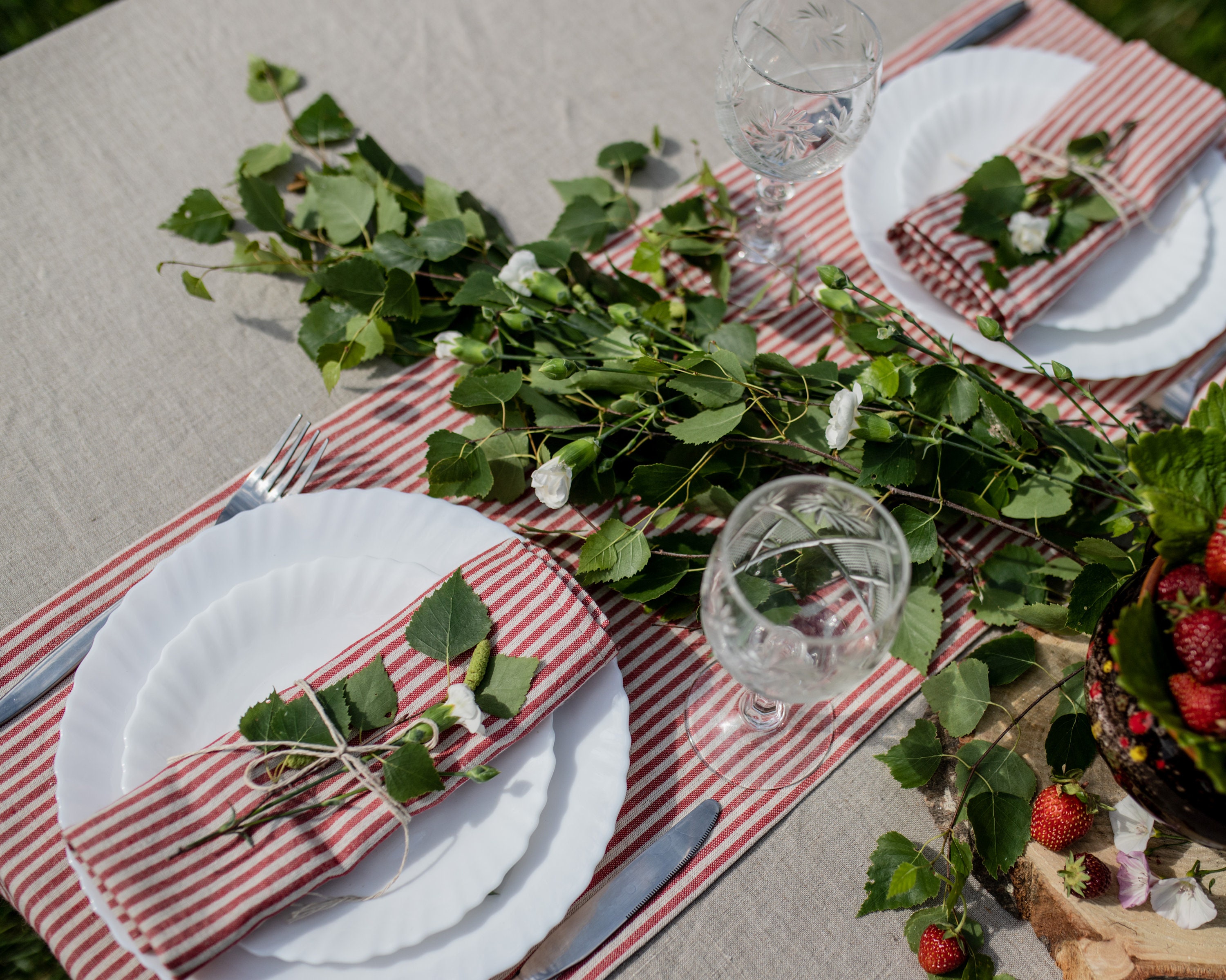 Red Striped Linen Table Runner, Table Runner Wedding, Linen Table Cloth ...