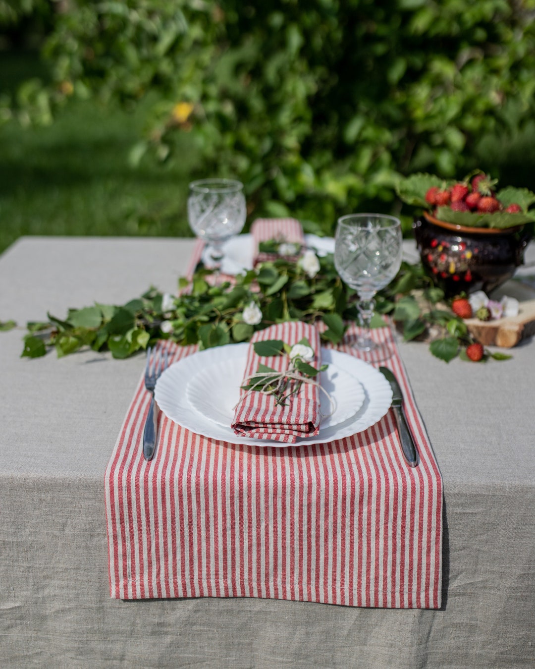 Red Striped Linen Table Runner, Table Runner Wedding, Linen Table Cloth ...