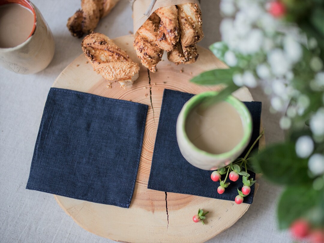 Set Navy Blue Linen Fabric Coasters, Eco Friendly Coasters, Wedding ...
