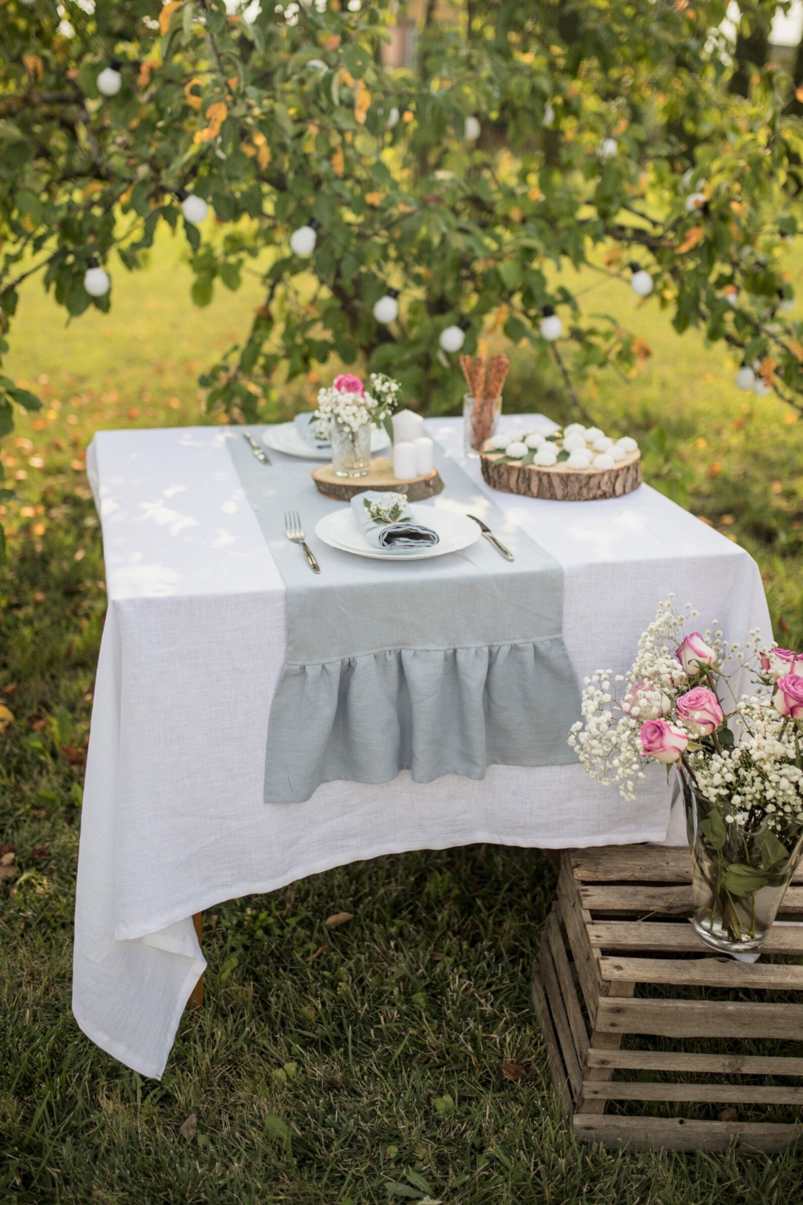 Dusty Blue Table Runner, Linen Ruffle Table Runner, Dusty Blue Table ...