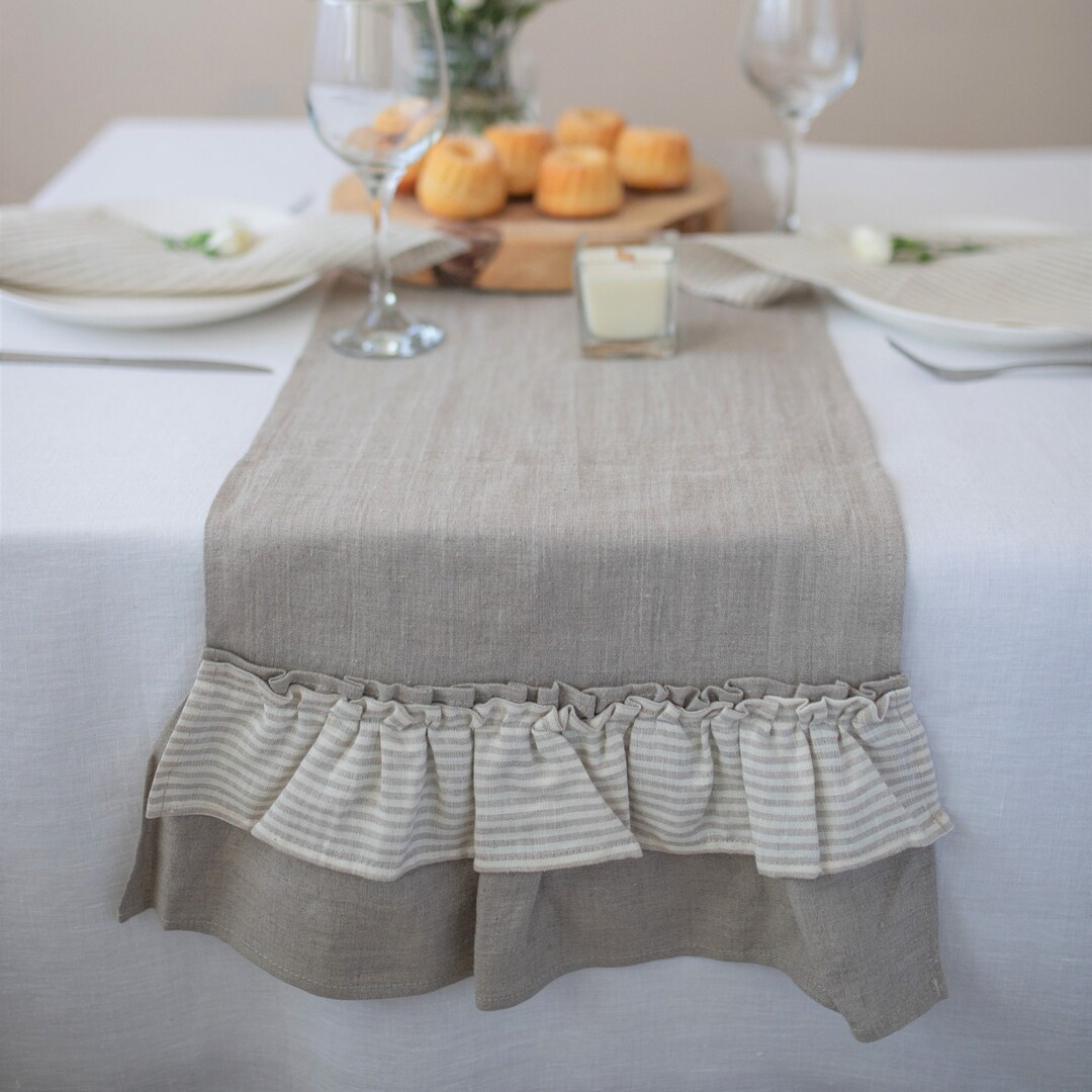 Ruffled Striped Linen Table Runner | Shabby Chic Table Runner | French ...