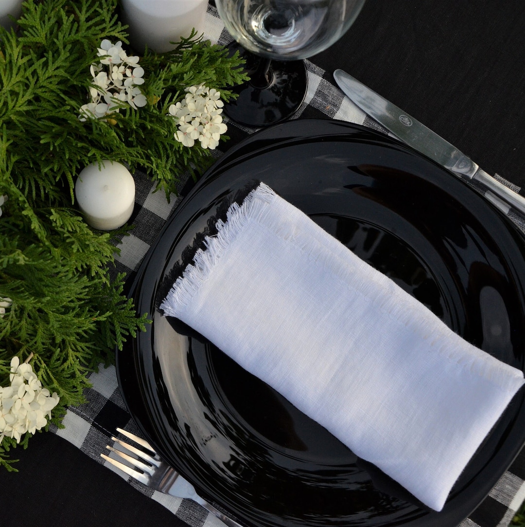 Black and White Linen Napkins and Placemats With Fringes, Soft Fringed ...