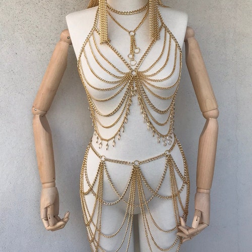 Gold Body Jewelry / SET / Chain Bra and Chain Bottom / Rave | Etsy