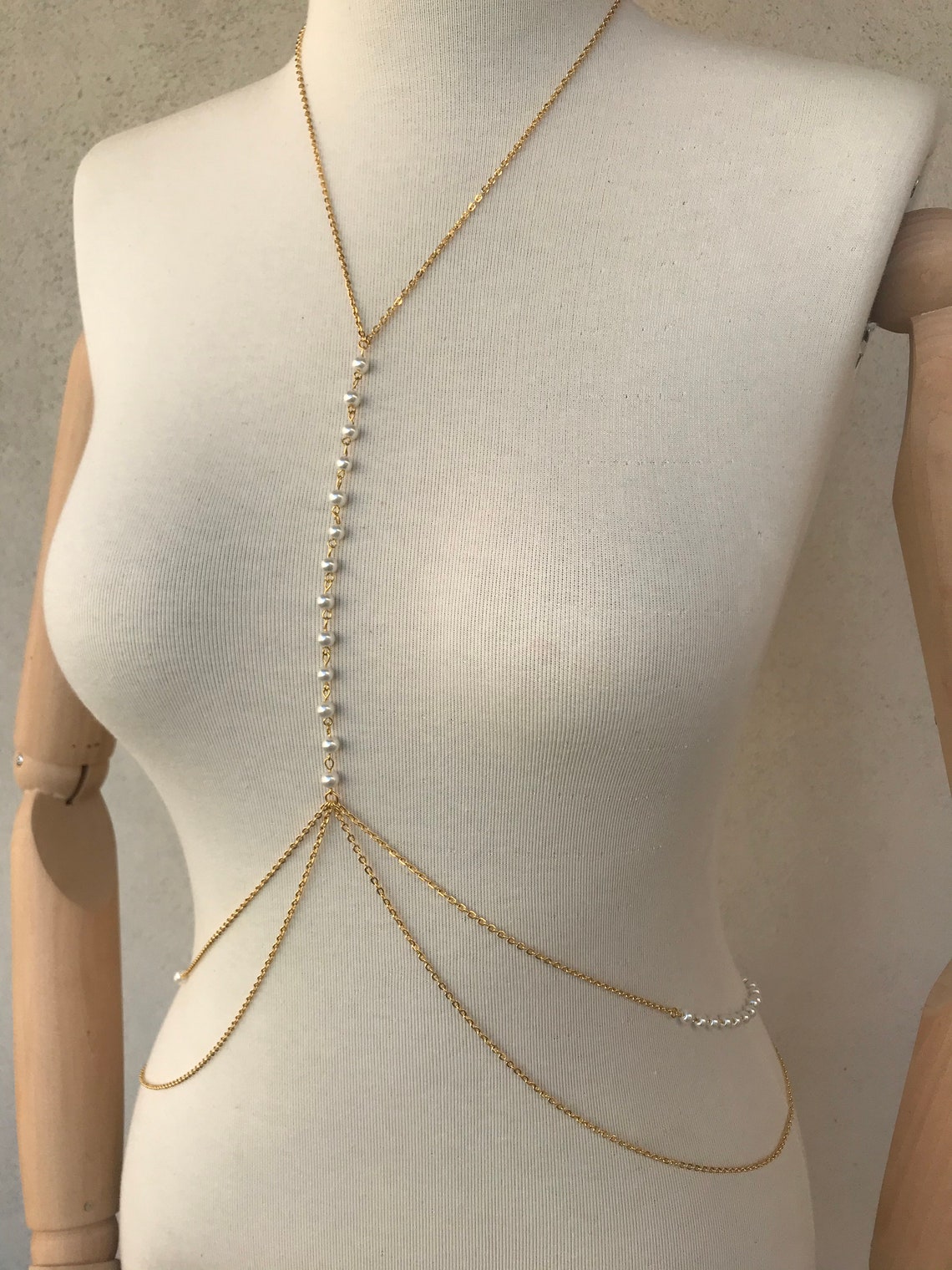 Double pearl body chain gold body chaingold plated | Etsy
