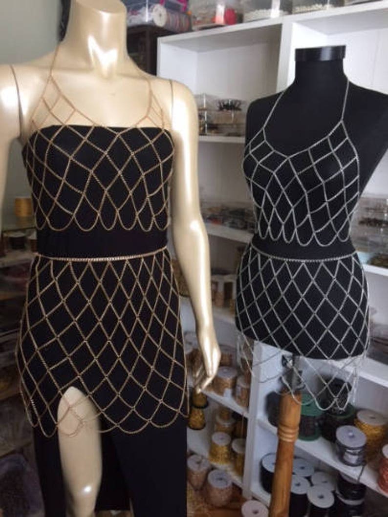Grid Chain Bralette and Chain Skirt Beach Bodychain Set Gold | Etsy