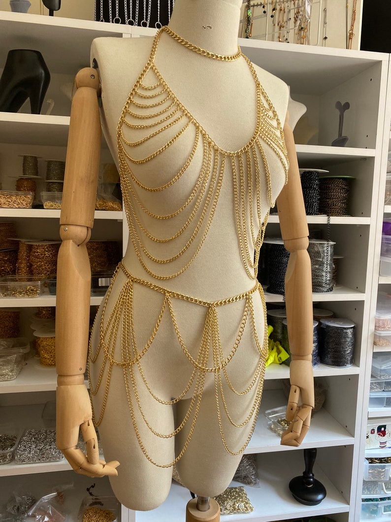 Gold Body Jewelry / SET / Chain Bra and Chain Bottom / Rave | Etsy