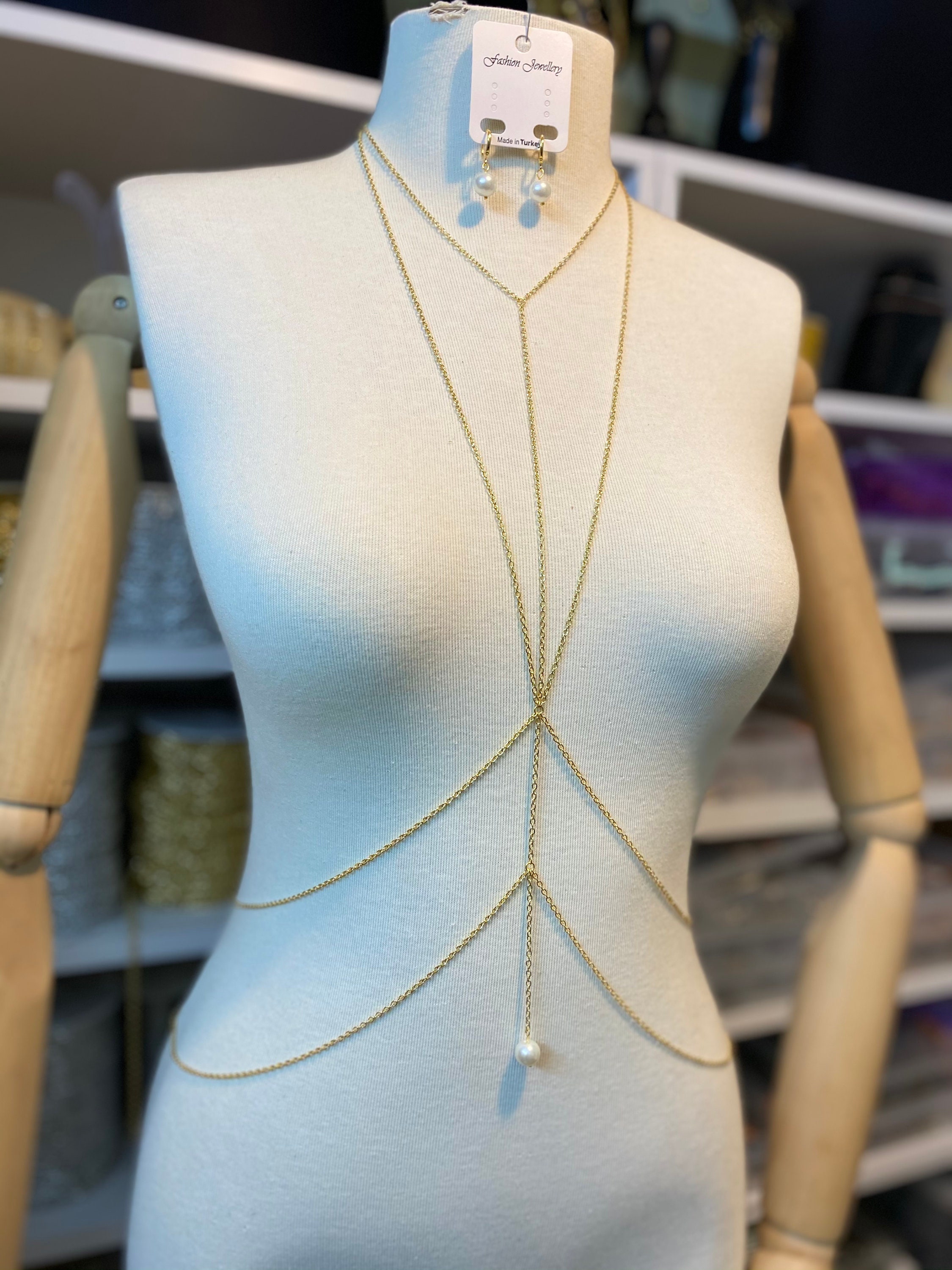 Gold Body Necklace Body Chain Pearl earrings gift Body | Etsy