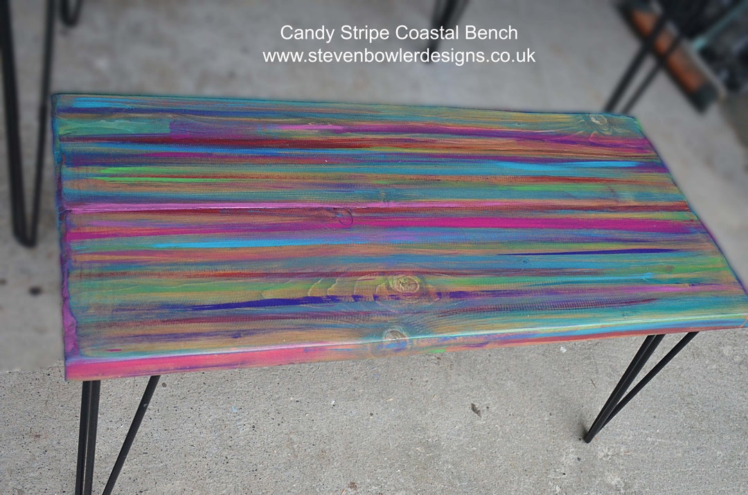 Hand Painted Wooden Bench Candy Stripe Coastal Cottage Distressed ...
