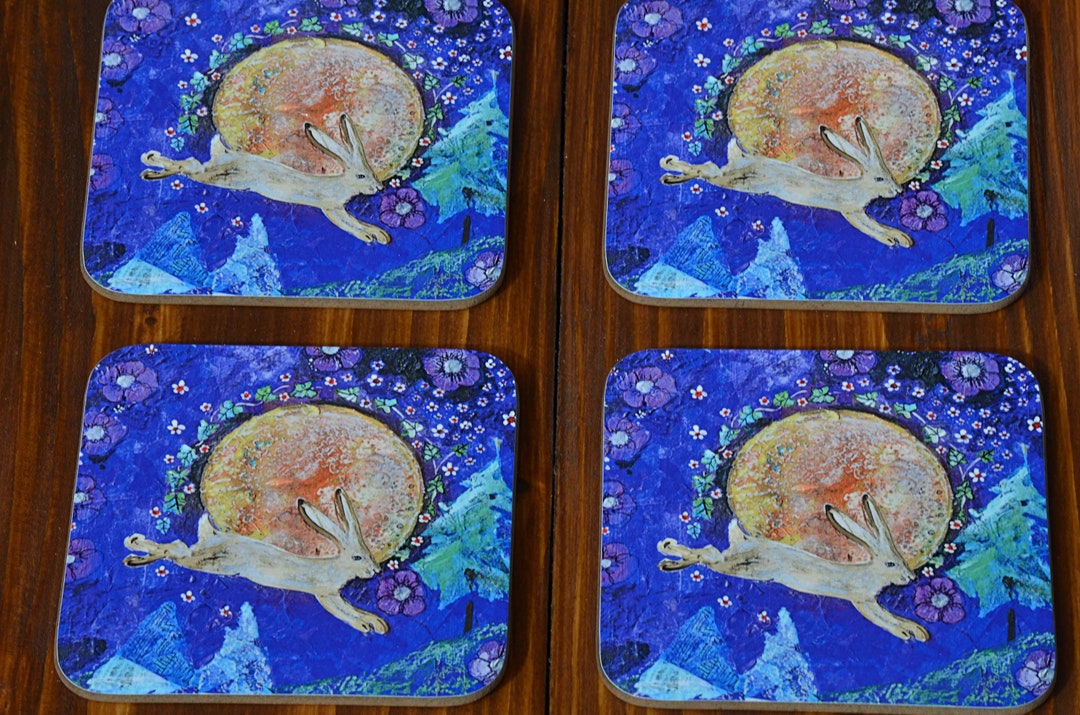 Celtic Hare & Harvest Moon Set of 4 Coffee Table Coasters Printed With ...