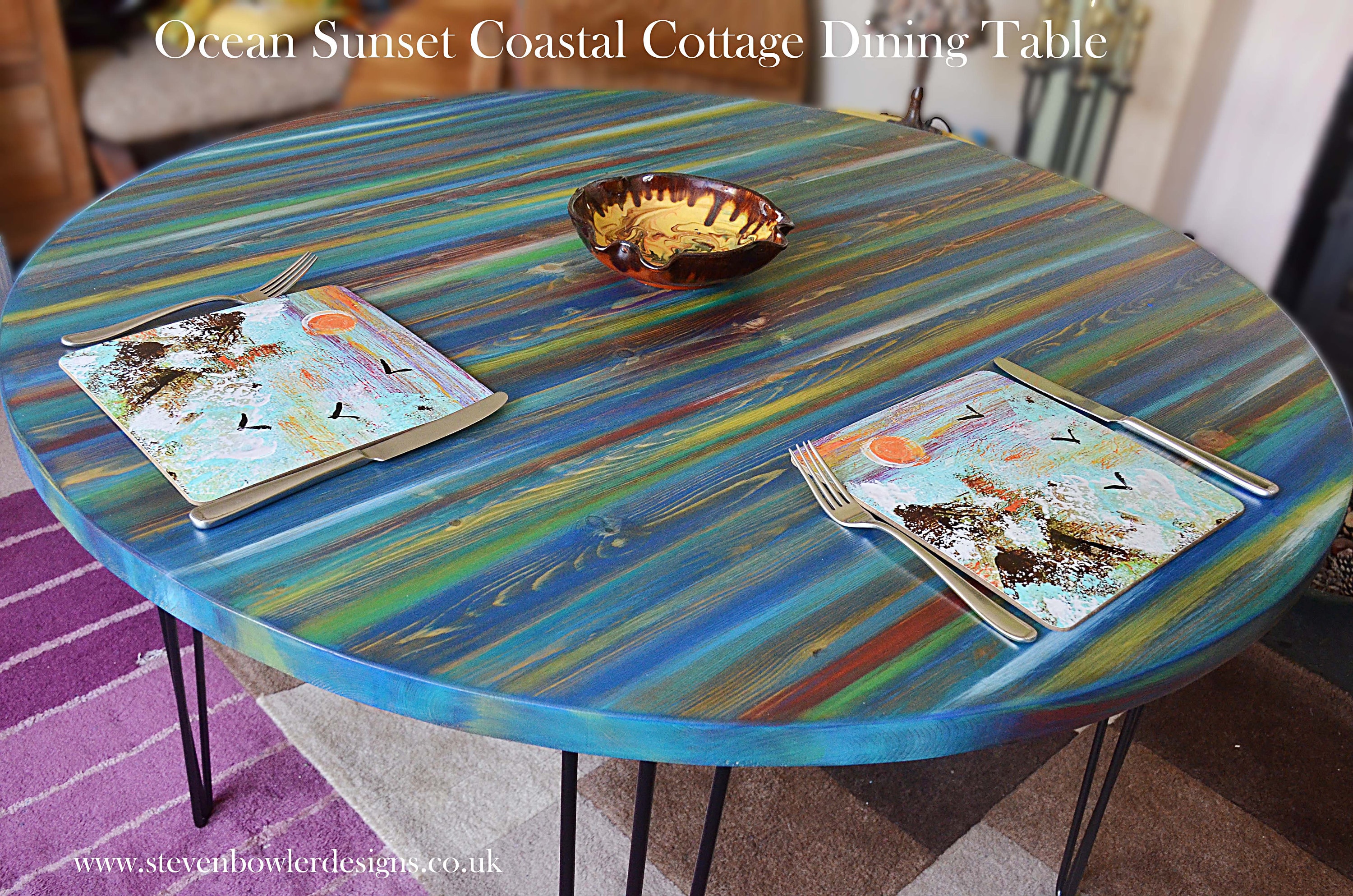 Round Wood Dining Table Handpainted in Our Unique Coastal Cottage Ocean Sunset Design Supplied With Black Metal Hair Pin Dining Table Legs Etsy UK