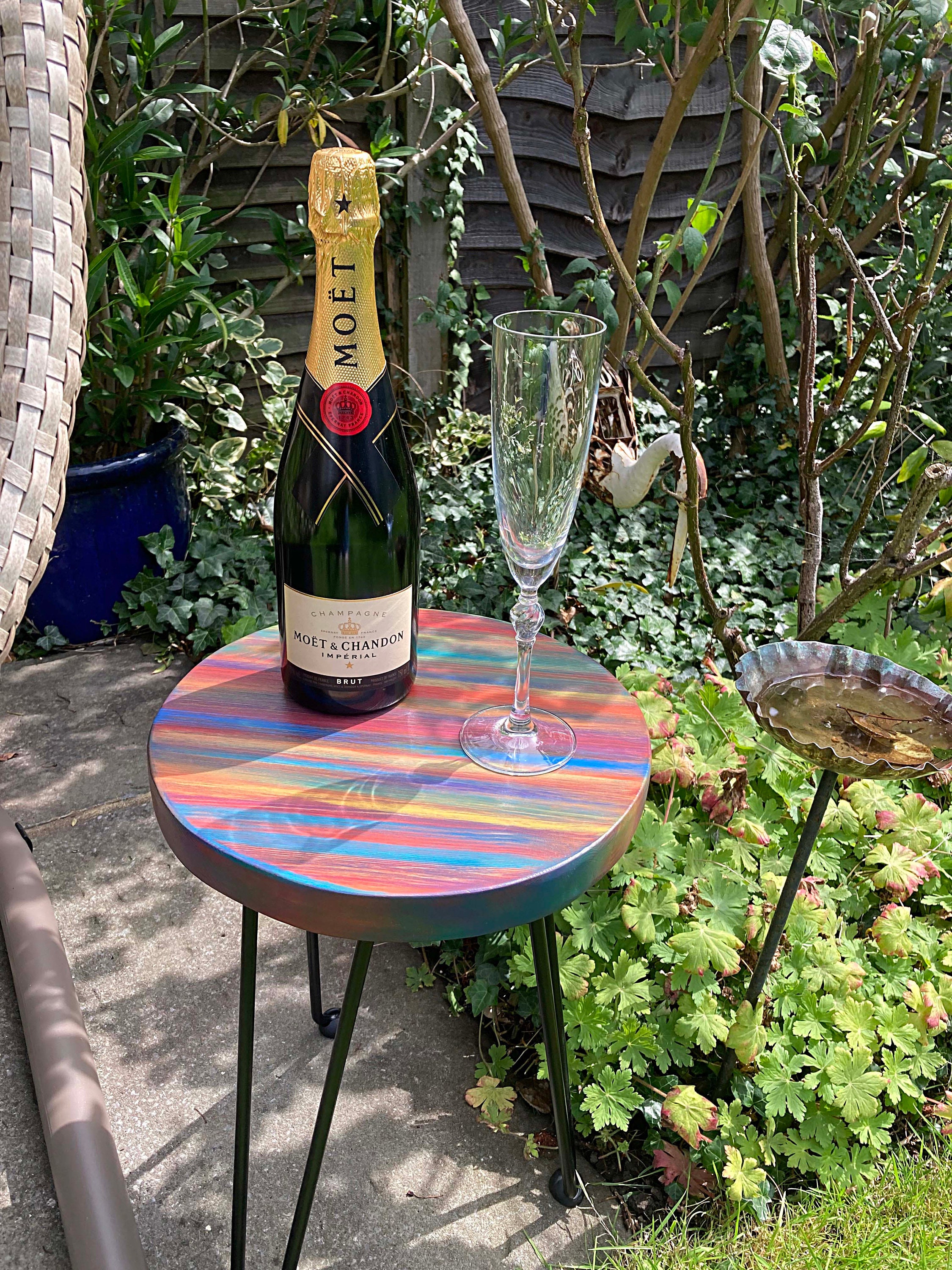Small Outdoor Table 30 Cm Round Tropical Sunset Colours 30 Cm Dia Marine Varnish Finish 3 X 16 L Black Metal Hairpin Legs Made 2 Order Etsy