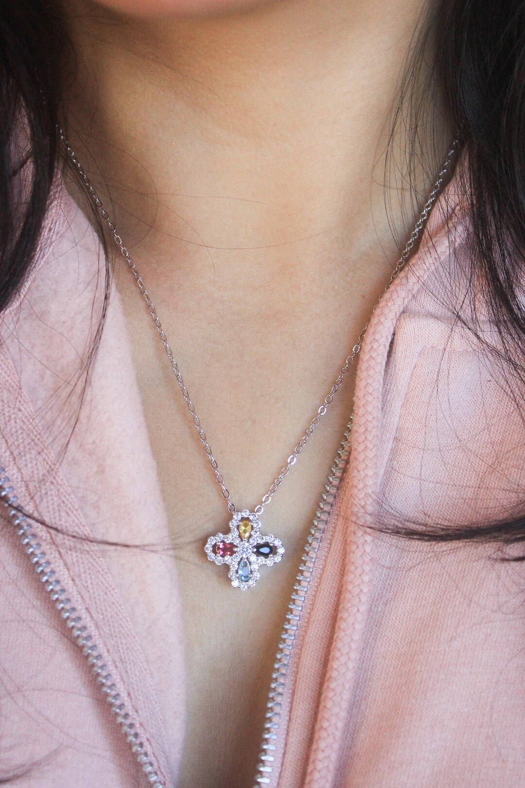 Cross Necklace Silver, Gemstone Statement Necklace With Dainty Chain ...