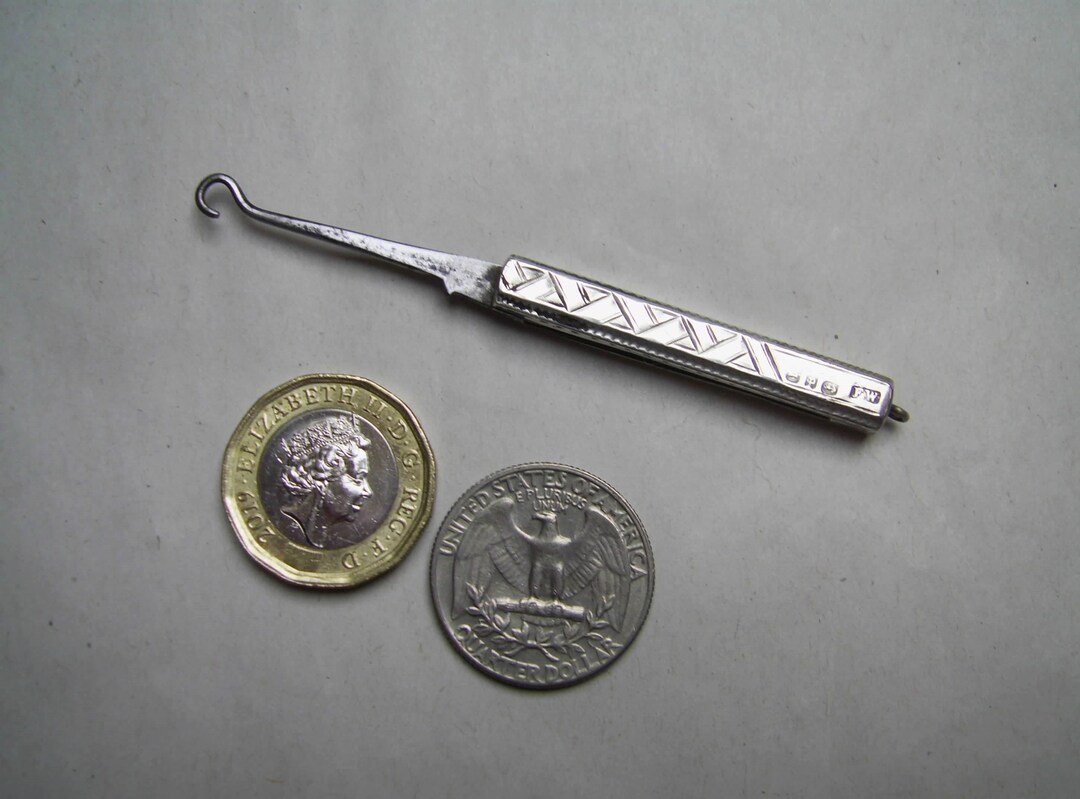 Unusual SILVER Cased Chatelaine Folding BUTTON HOOK With Geometric ...