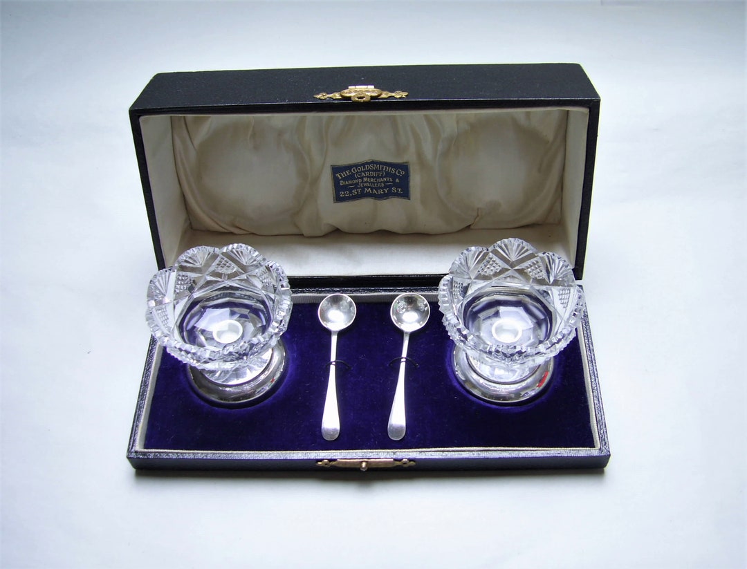 Antique Boxed Pair Cut Glass Salt Pots With SILVER Bases Complete With ...