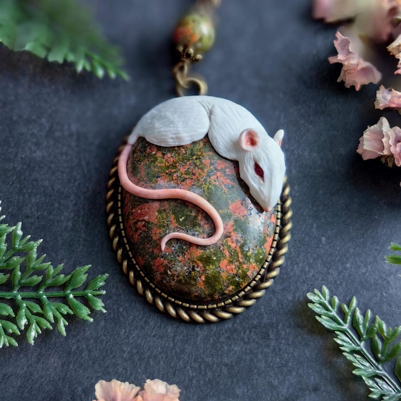 Albino Rat Necklace: Unakite Stone, Gothic Animal Jewelry - Etsy