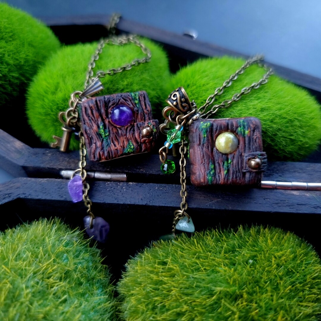 Wooden Book Necklace With Amethyst Bookworm's Keepsake Literary Jewelry ...