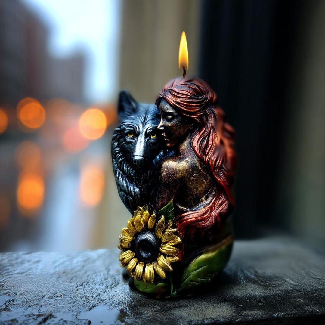 Wolf and Sunflower Goddess Candle for Spiritual Rituals Nature-inspired ...