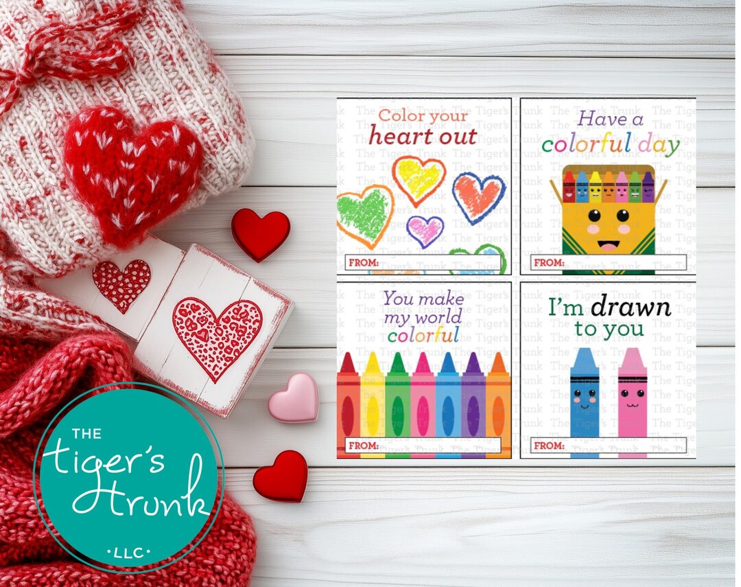 Crayon Valentine Tags for Kids, Printable Square Valentine Tags ...