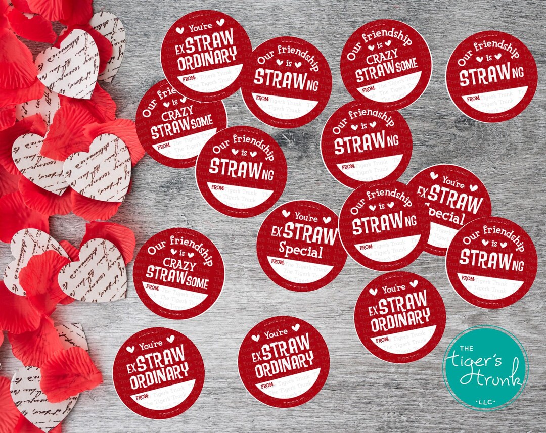 Printable Circular Valentine Tags, Fun Straw-themed Gift Tags, Instant ...
