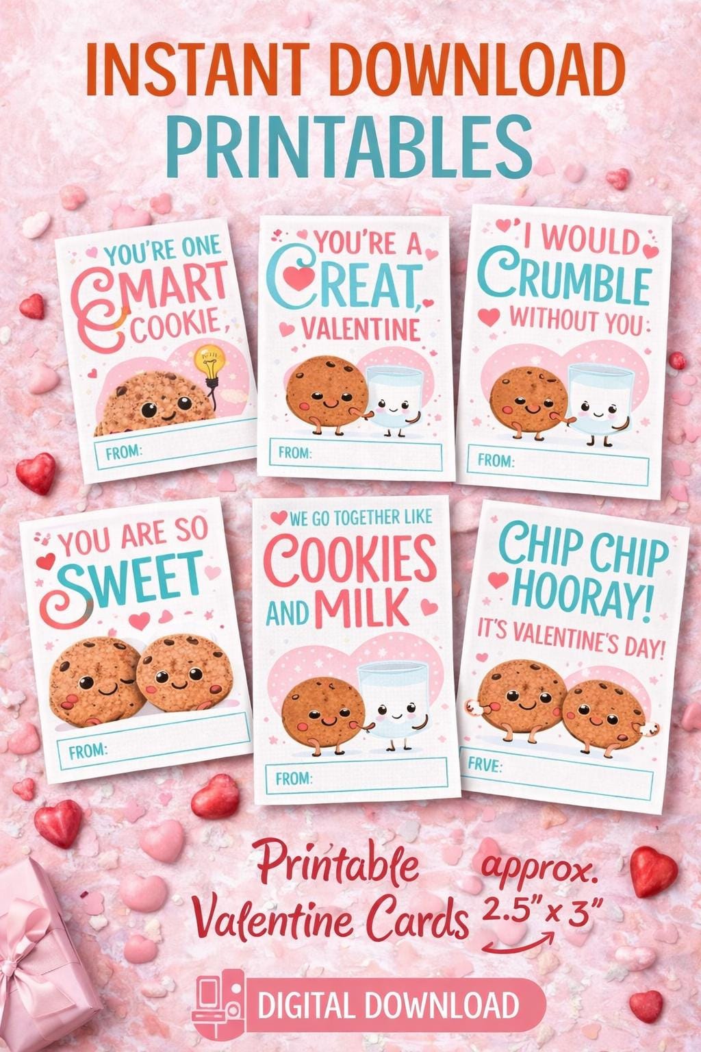 Cookie Valentine Cards: Kids Printable Classroom Favors (digital ...