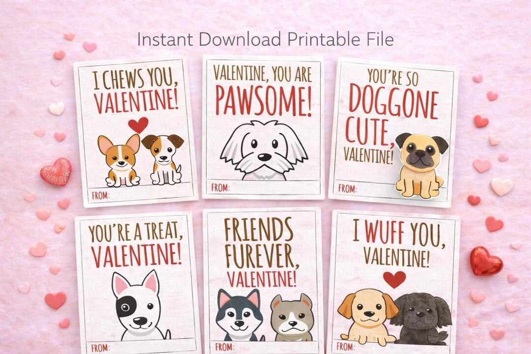 Printable Dog Valentine Cards, Instant Download Classroom Puppy ...