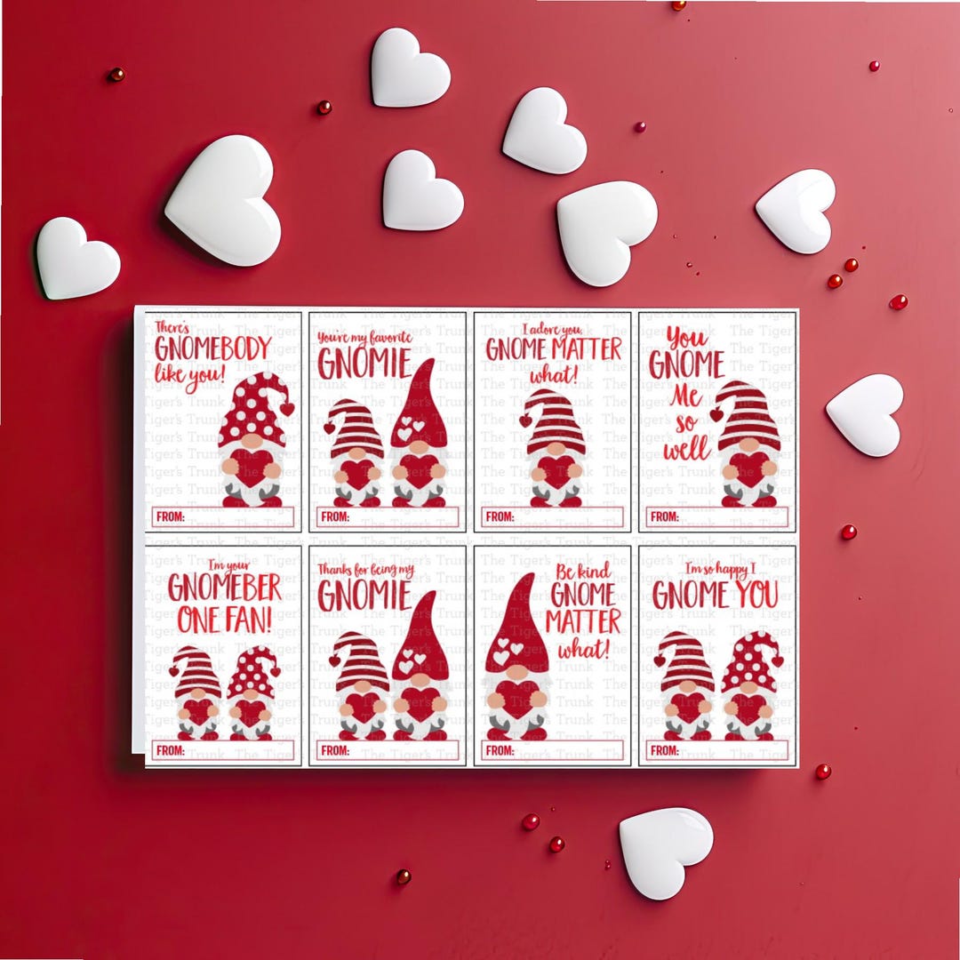 Gnome Valentine Cards: Printable Valentines for Kids (PDF) - Etsy