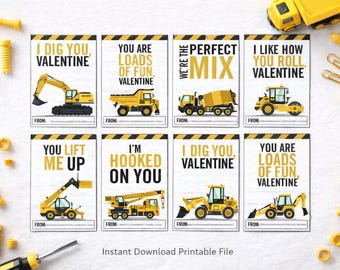 Kids Valentine Cards | INSTANT DOWNLOAD | Construction Vehicles ...