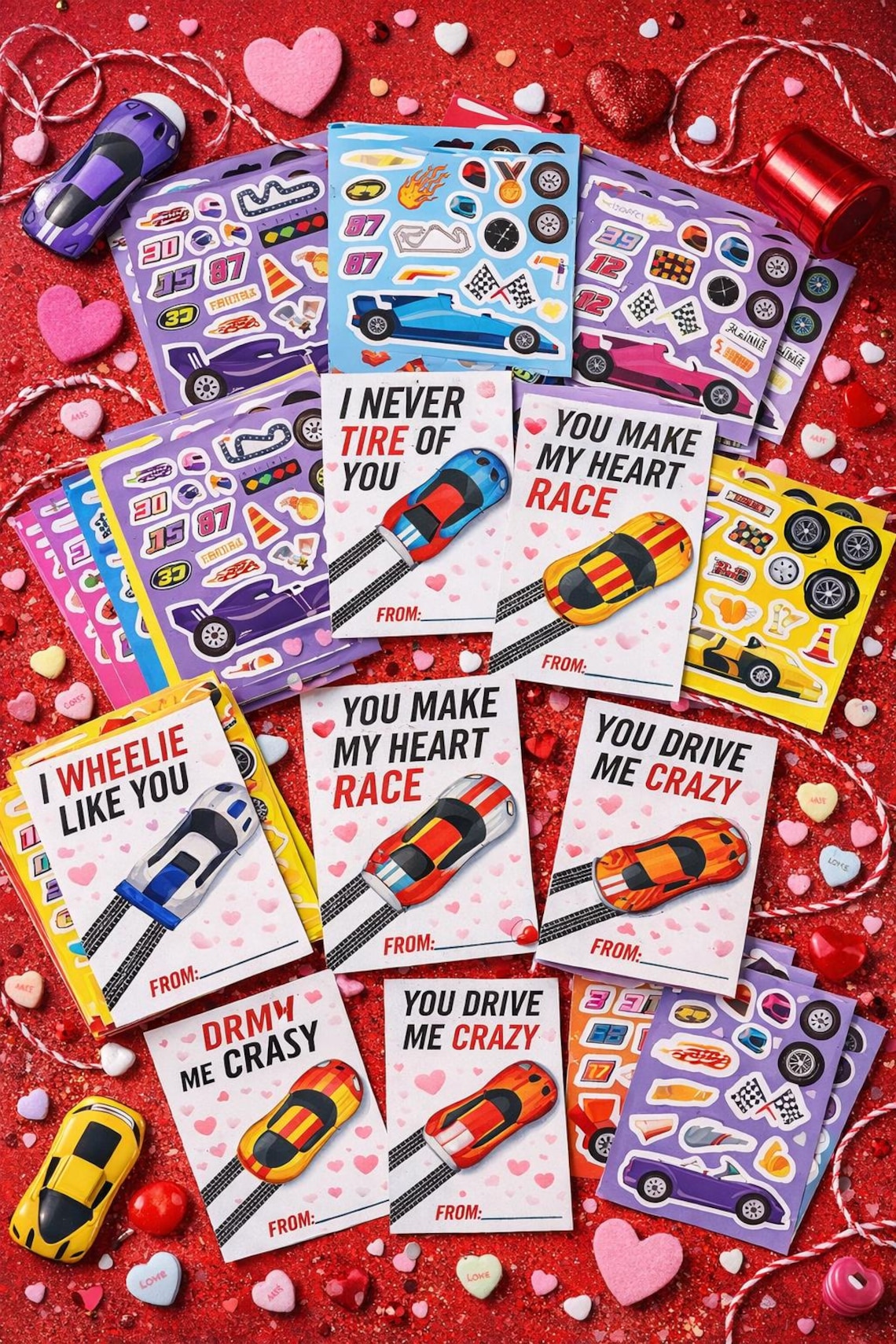 Race Car Valentine Cards for Kids, Printable Classroom Valentines, Car ...