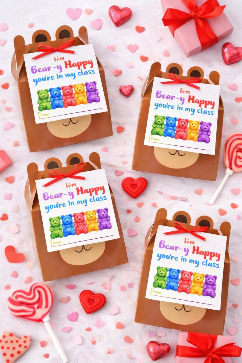 Bear Valentine Card Printable, I’m Beary Happy You’re in My Class, Cute ...