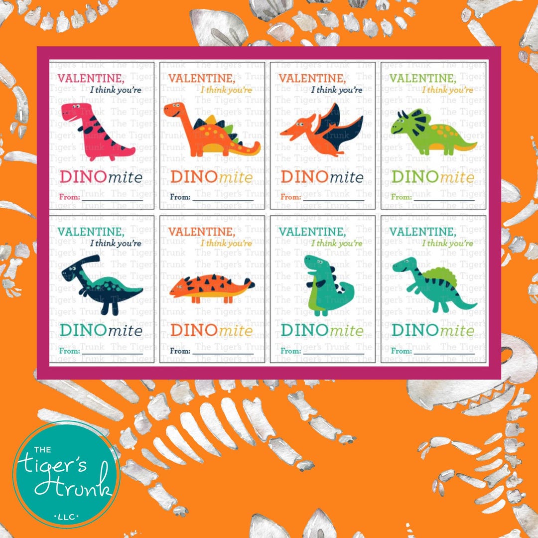 Dinosaur Valentine Cards for Kids: "dinomite" Printable (digital ...