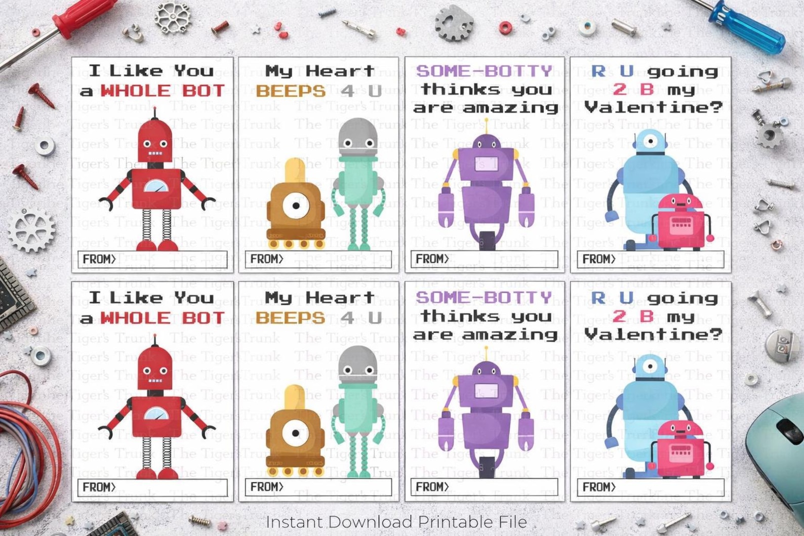 Robot Valentine Cards Printable, Classroom Valentines Instant Download ...