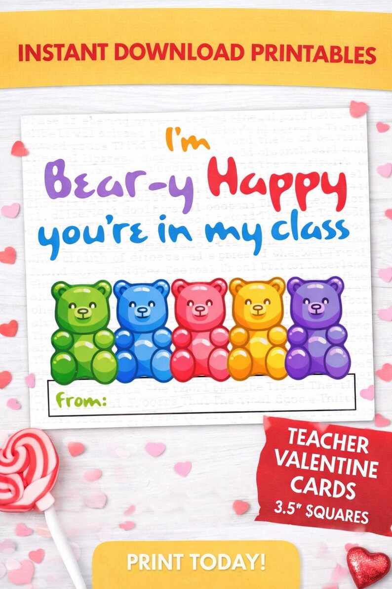 Bear Valentine Card Printable, I’m Beary Happy You’re in My Class, Cute ...