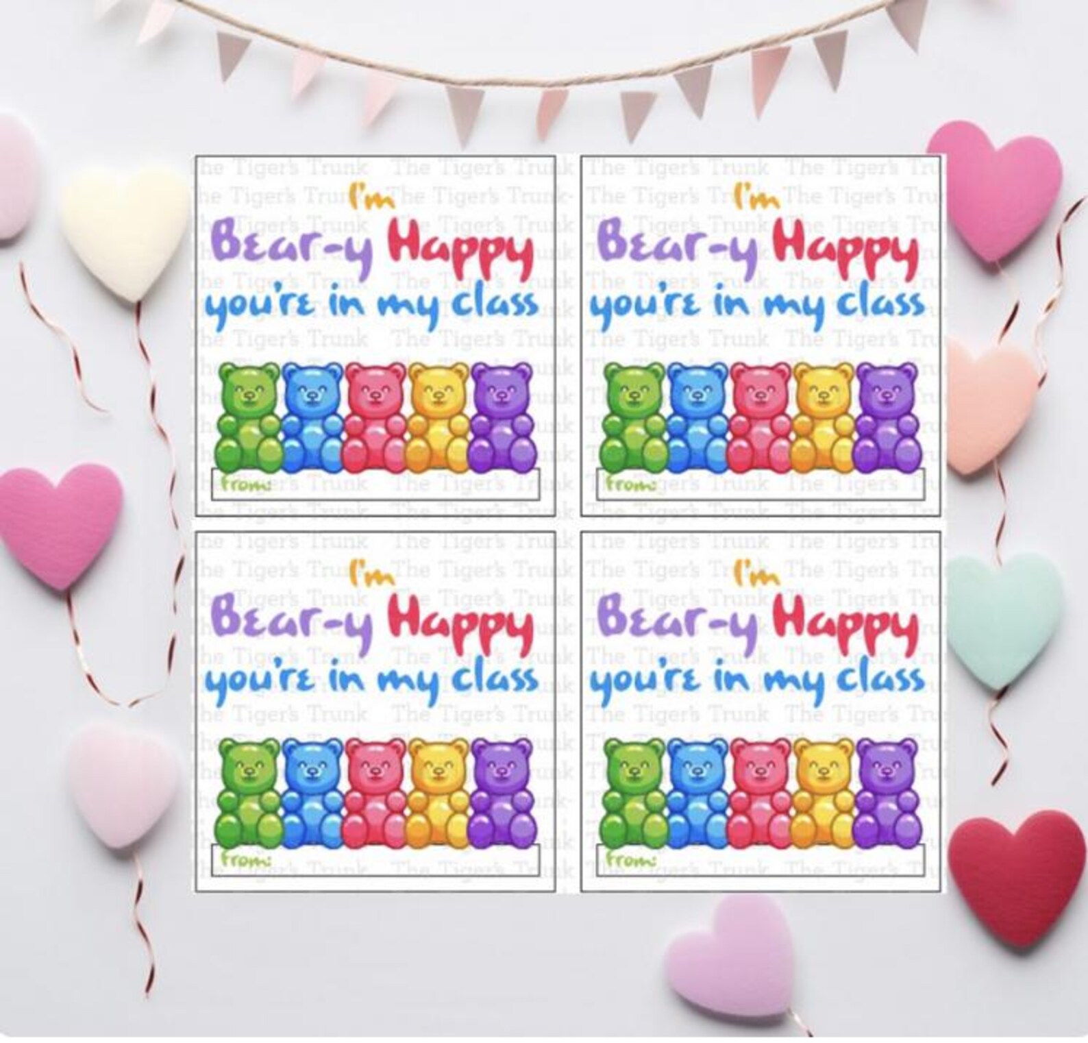 Bear Valentine Card Printable, I’m Beary Happy You’re in My Class, Cute ...