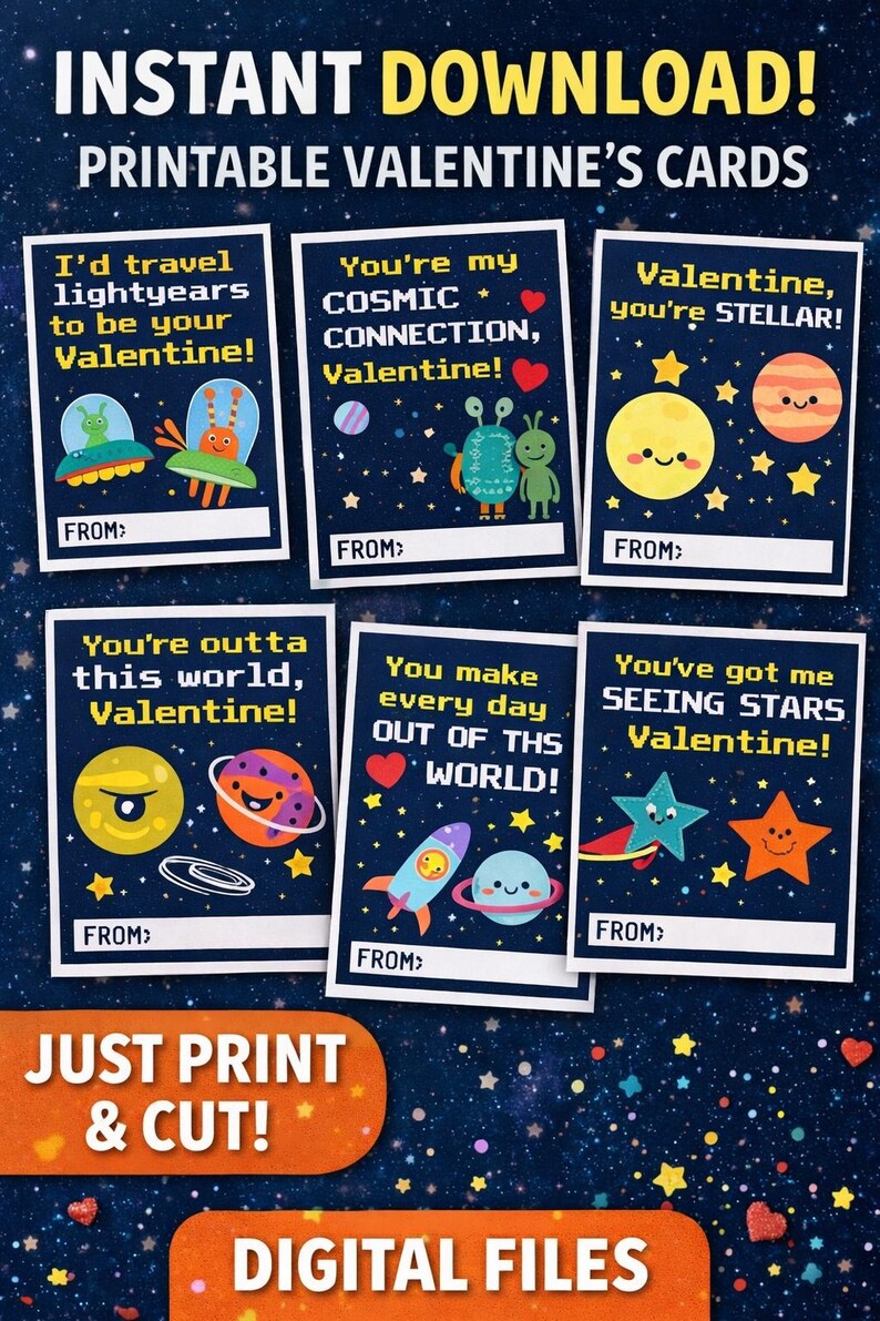 Space Valentine Cards for Kids, Printable Alien Valentines (instant ...