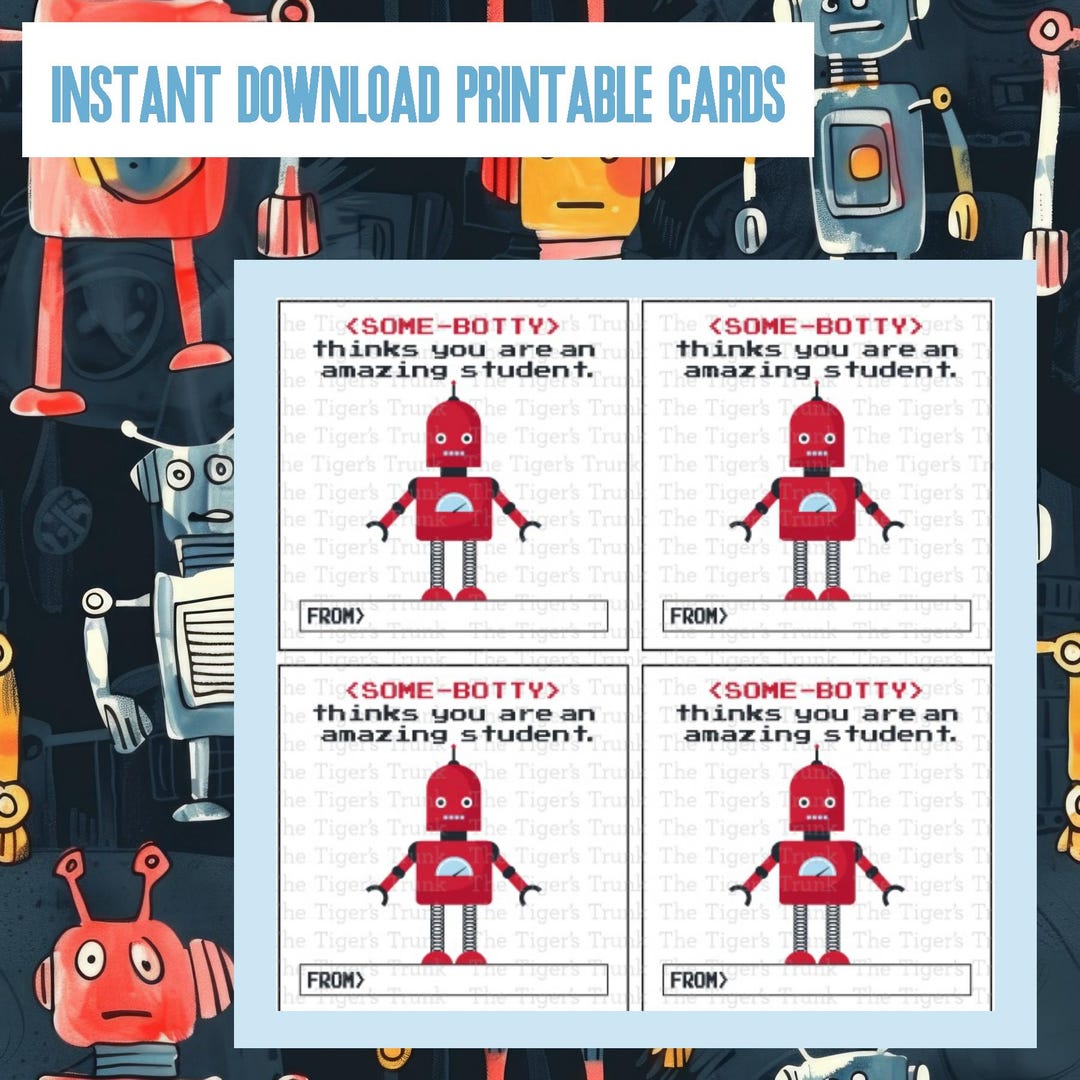 Robot-themed Valentine Tags, Vday Teacher to Student, Instant Download ...