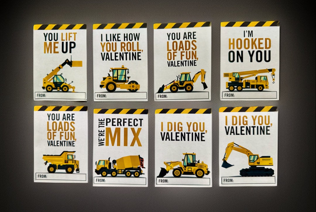 Printed Valentines Day Cards for School, Construction Valentines for ...