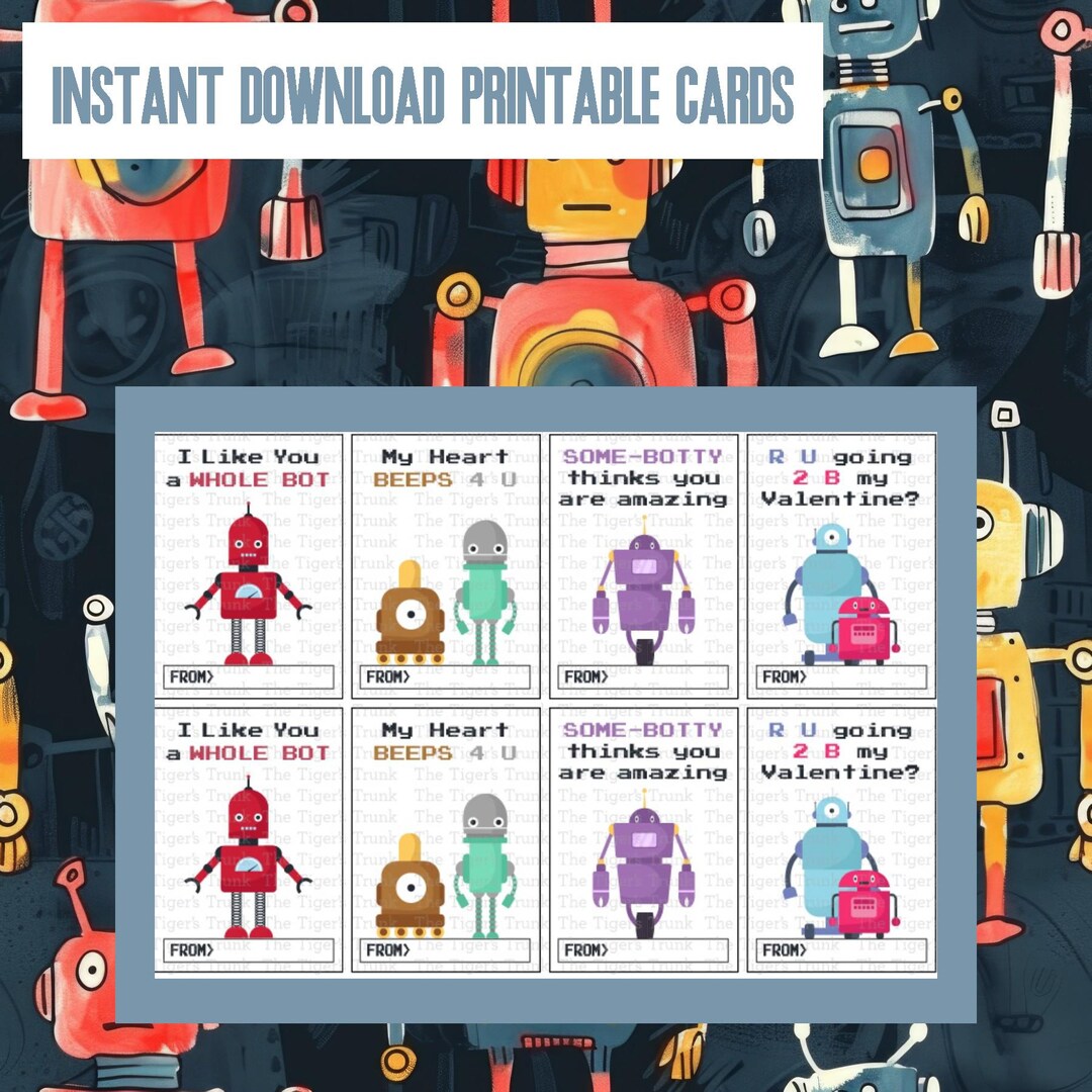 Robot-themed Valentine Cards, Instant Download Printable Valentines for ...