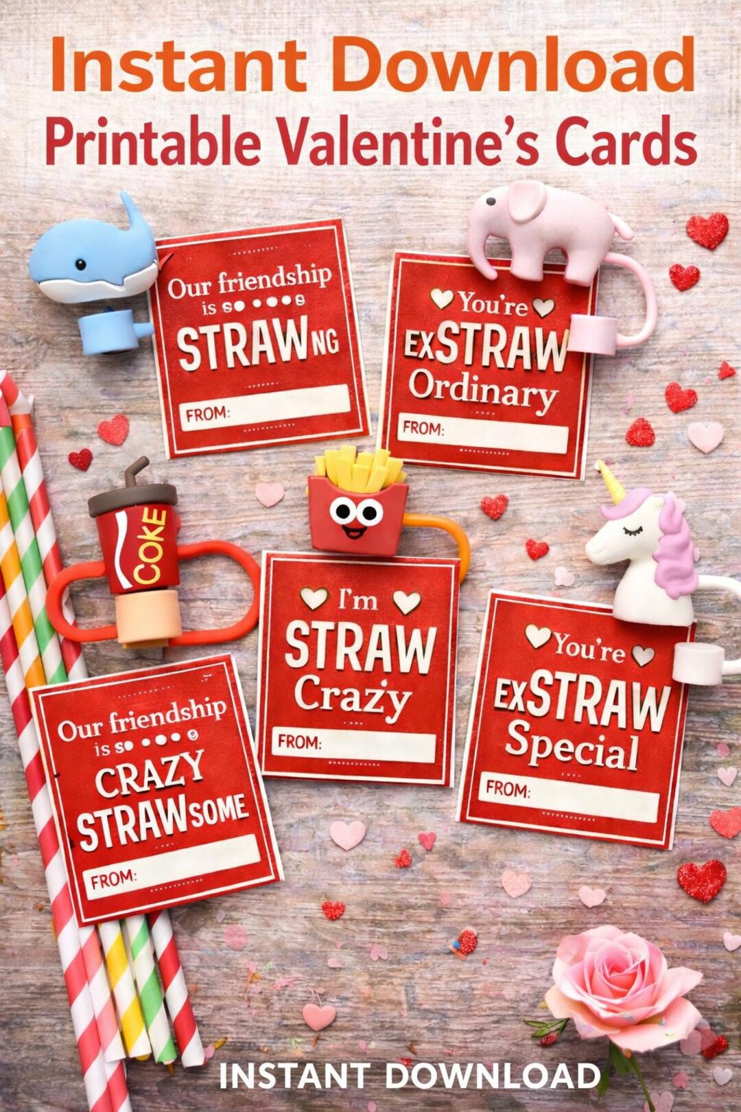 Straw Valentines Printable, Instant Download Valentine Cards for Kids ...