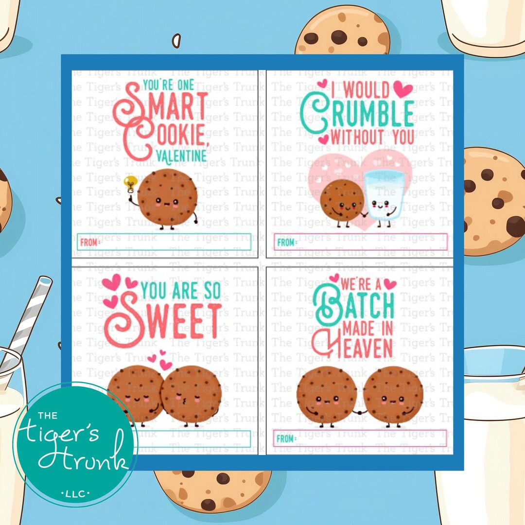 Cookie Valentine Tags, Cookies and Milk Valentines Day Cards for Kids ...