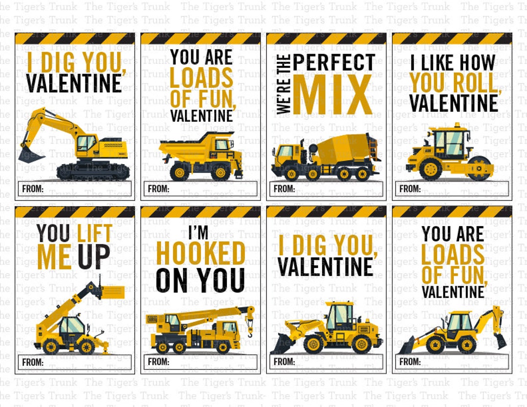 Construction Valentine Card for Kids, Construction Trucks Printable ...
