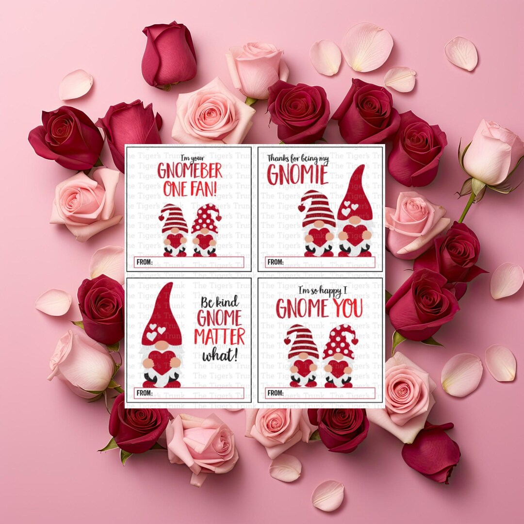 Printable Gnome Valentine Tags, Digital Kids Valentine Tags, 8 Fun ...