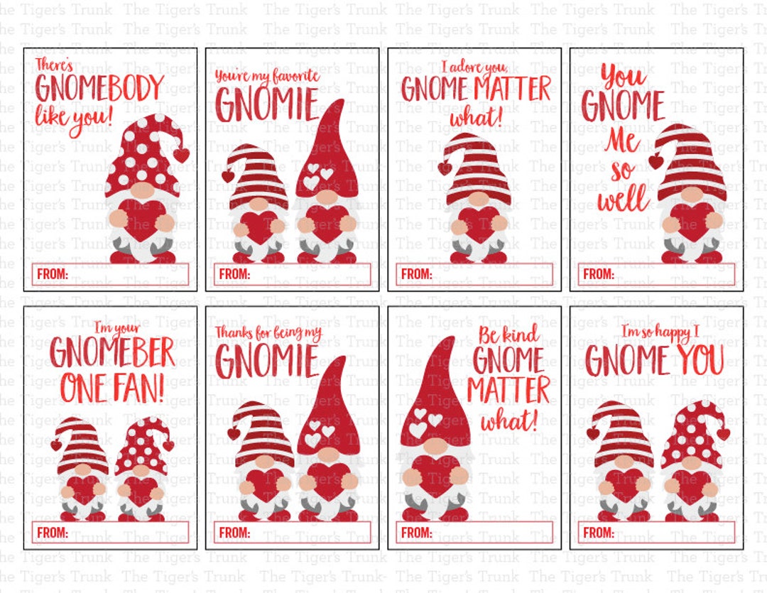 Printable Gnome Valentine Cards, School Valentines Day Cards, Instant ...
