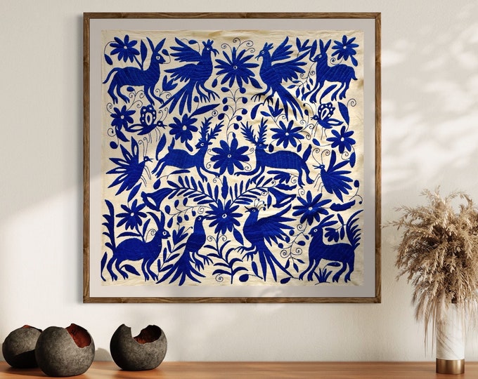 Cobalt Blue Otomi Wall Decor | Hand Embroidery Mexican Textile Art Wall ...