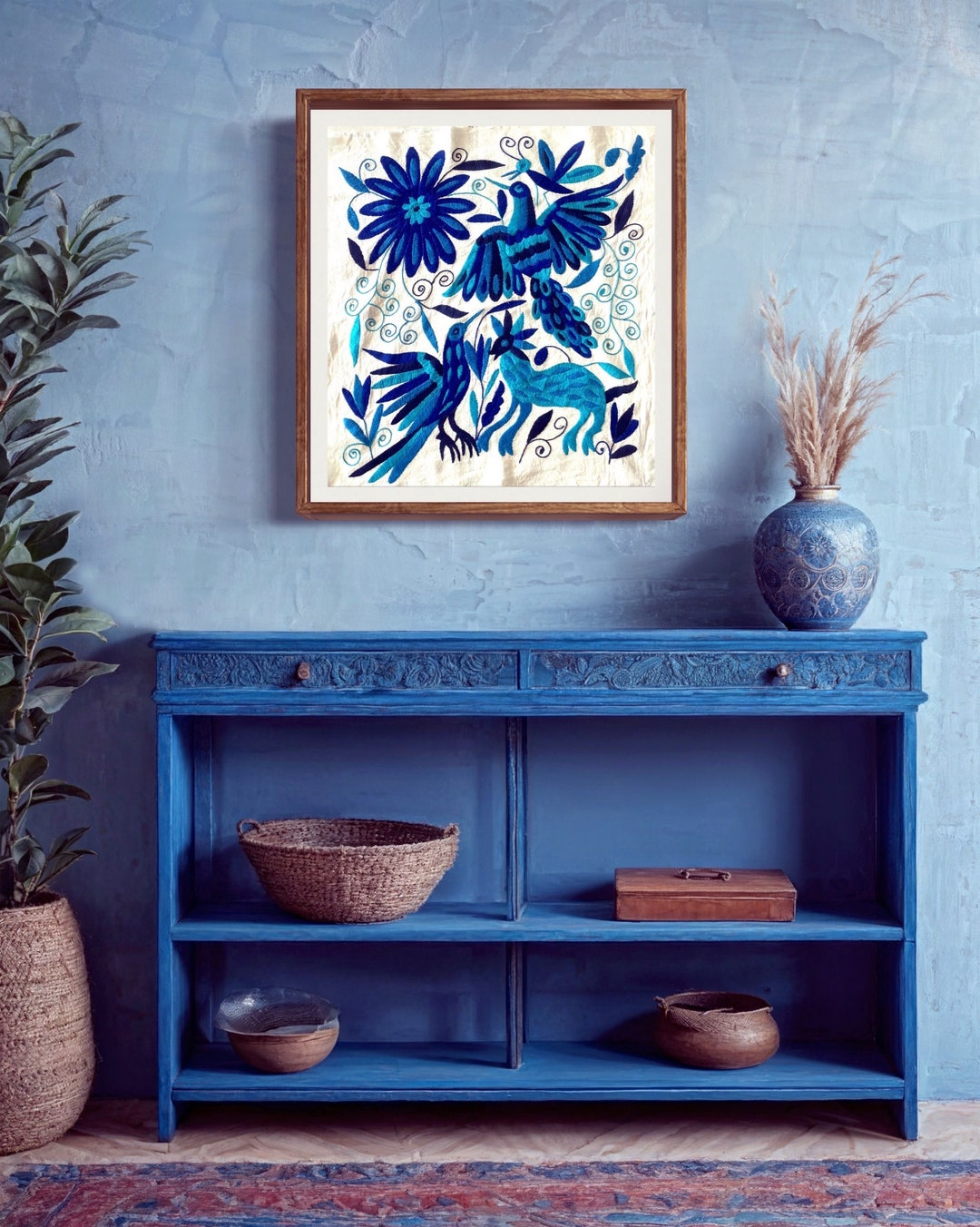Shades of Blue Otomi Wall Decoration | Hand Embroidery Mexican Textile ...