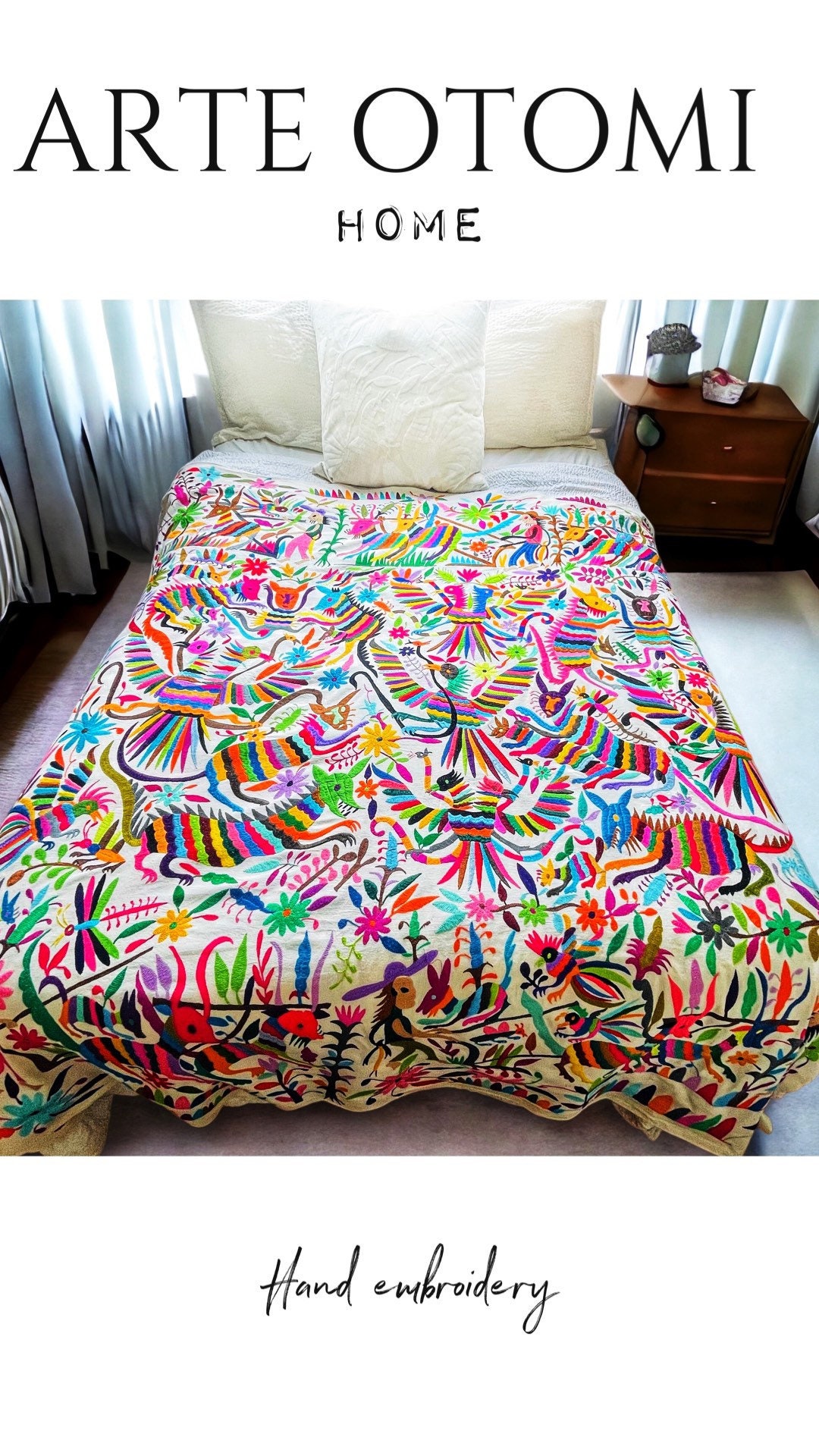 VIDA RURAL Multicolor Hand Embroidery otomi Textile. Quilt Coverlet ...